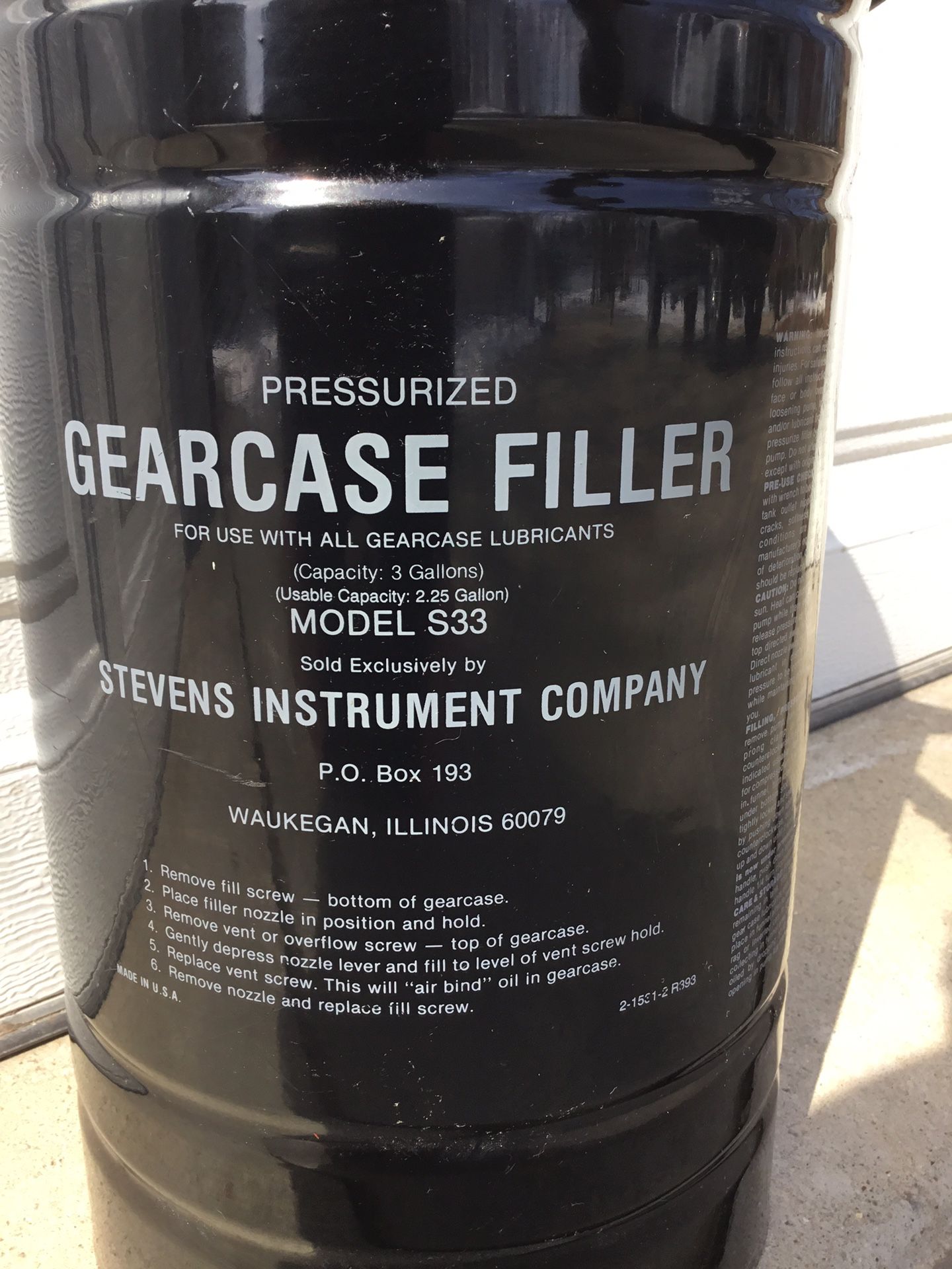 Gearcase Filler. (pressurized) , Model S33, by Stevens Instrument ...