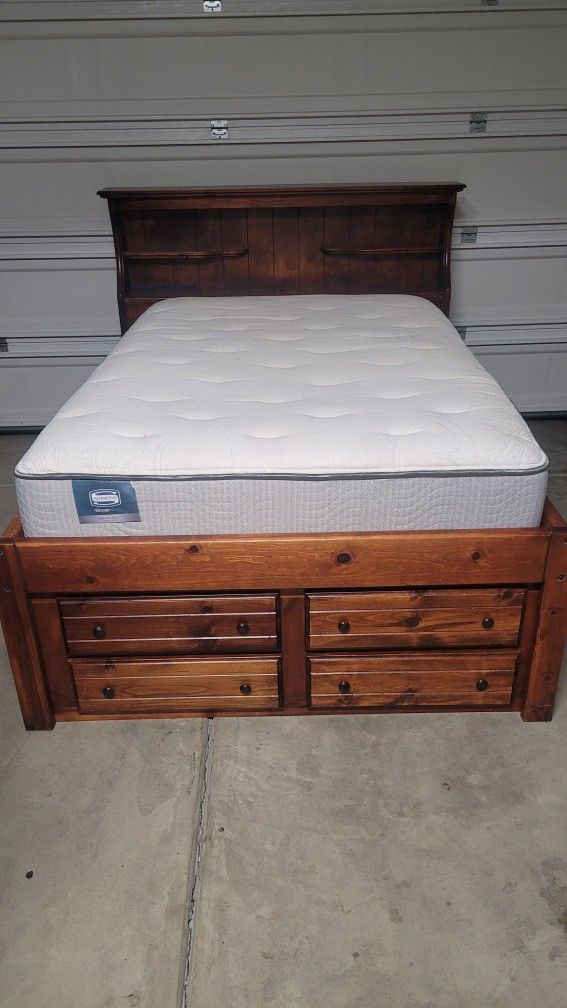 Full Size Bed. Used, in good condition. Wood Bed Frame With 12 Drawers ...