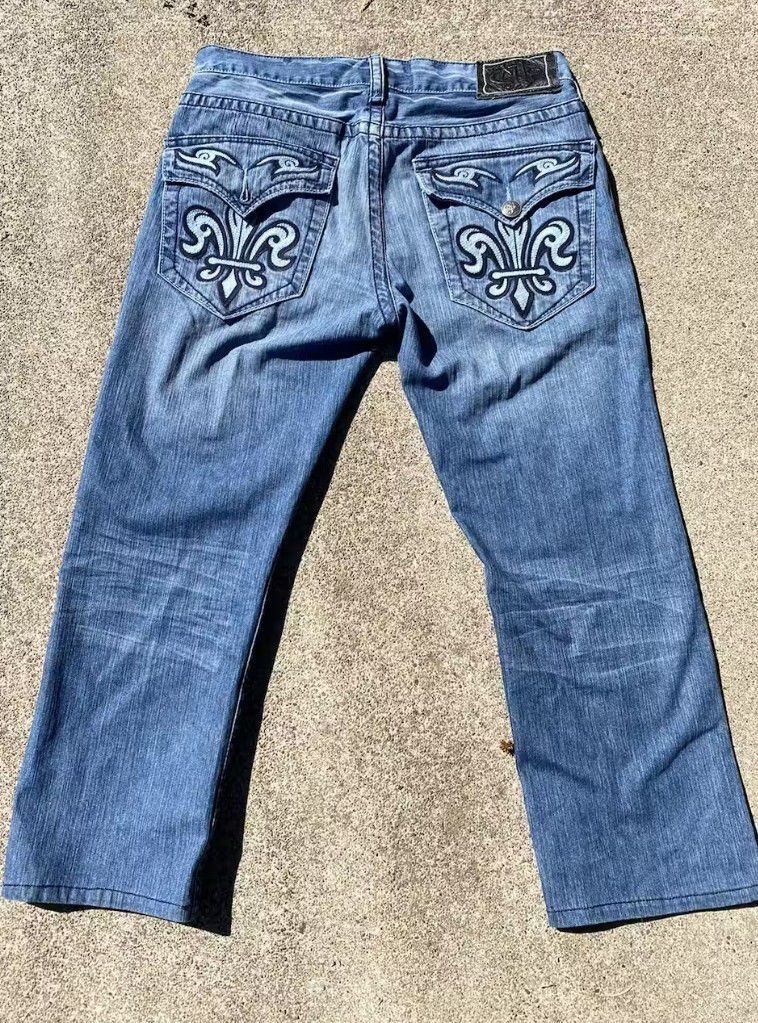 Men's JCNO Jeans Vintage Med Blue Wash Boot Cut Embroidered Size 36 x ...