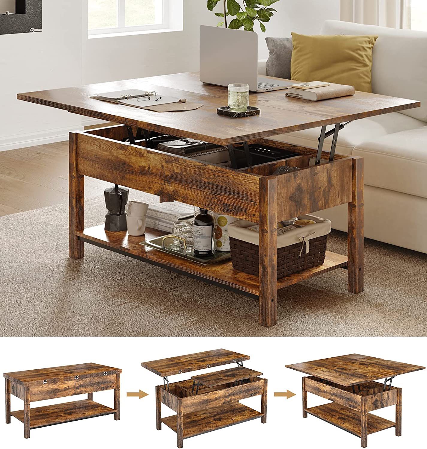 Lift Top Coffee 4 in 1 Multi Function Convertible Coffee with Storage Coffee Table Converts to Dining Table for Living Room Reception Ro Household