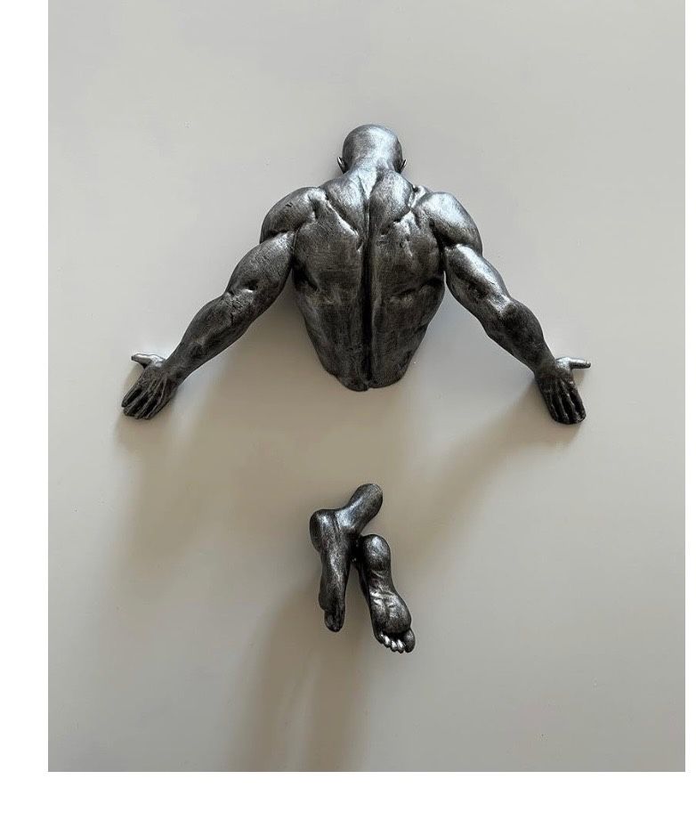 Silver Wall Sculpture - Man Emerging from Wall - Modern 3D Decorative ...