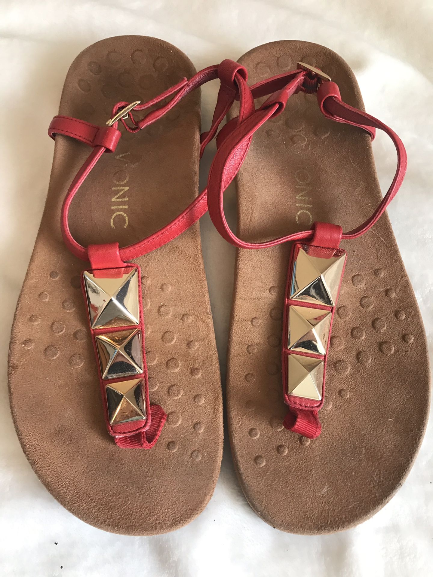 Vionic Shoes | Vionic Nala Red Leather Studded T-Strap Sandals | Color ...