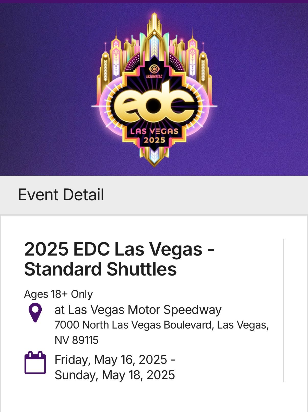 EDC Las Vegas 2025 Standard Shuttle Passes for Sale in Whittier, CA ...