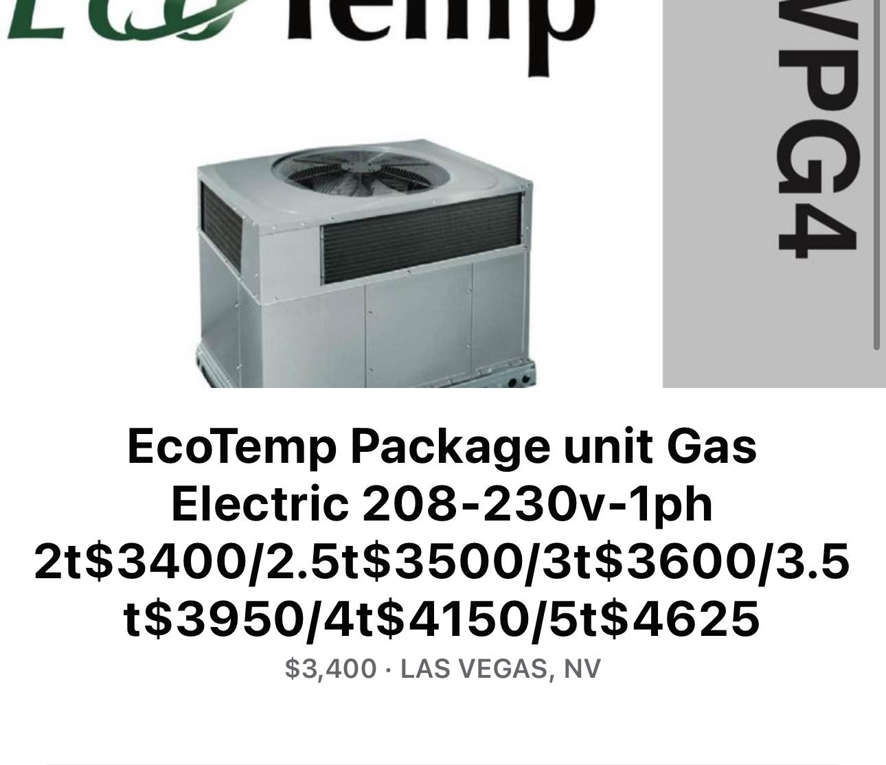 EcoTemp Rooftop Package Unit Gas Electric 208-230v-1ph /2t$3400/2.5t ...