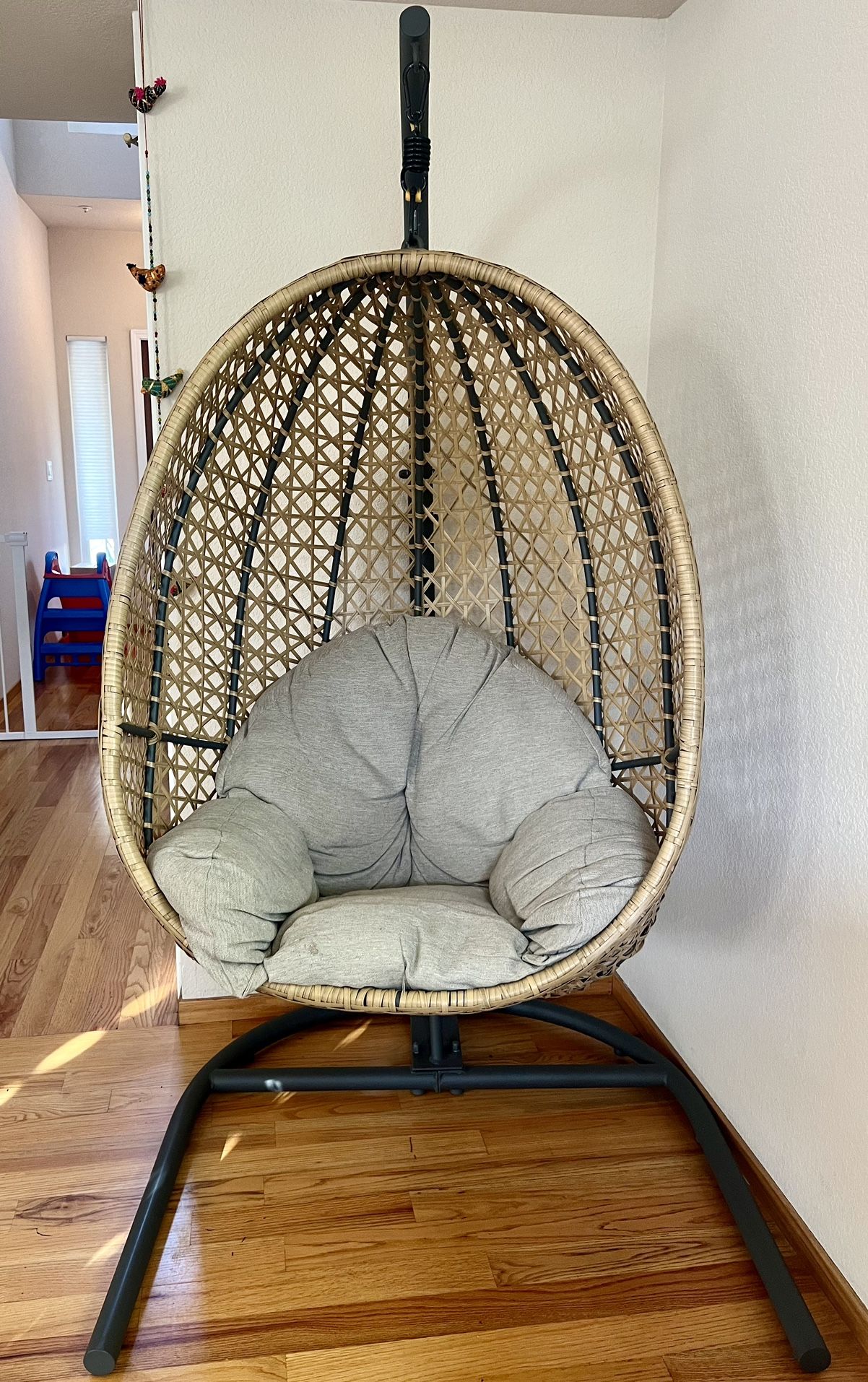 Better Homes Gardens Outdoor Lantis Patio Hanging Egg Chair with Stand Tan Wicker Beige Cushion Lawn Garden