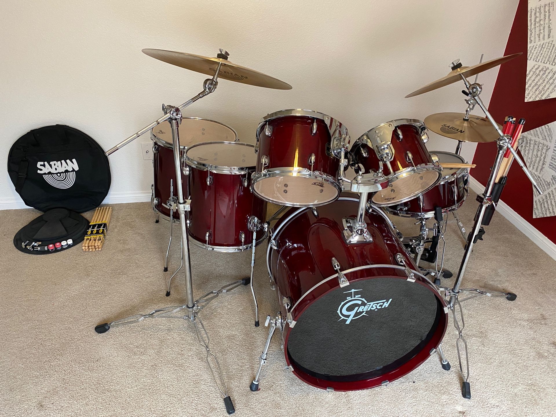 Gretsch Catalina Maple 6 piece Cherry Red Drum Kit with Sabian symbols ...