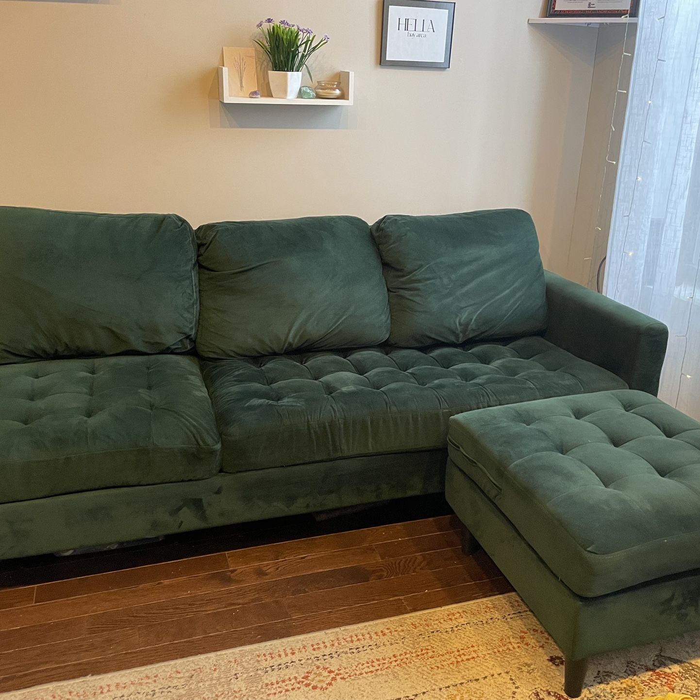 Cosmoliving strummer modern reversible sectional couch upholstered in green velvet fabric with floating ottoman store