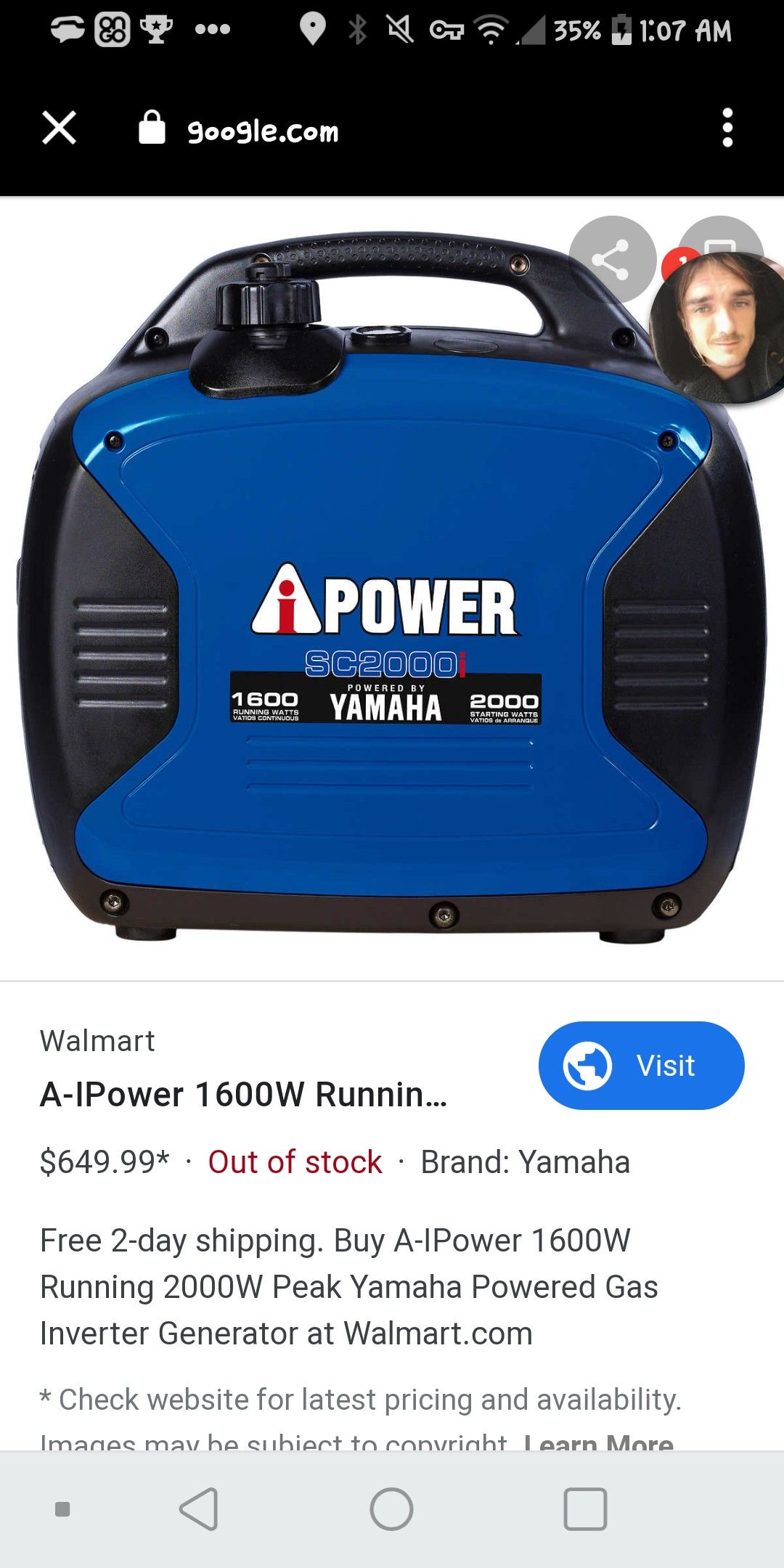 A-iPower SC2000i Generator 2000 starting watts 1600 running watts pure ...