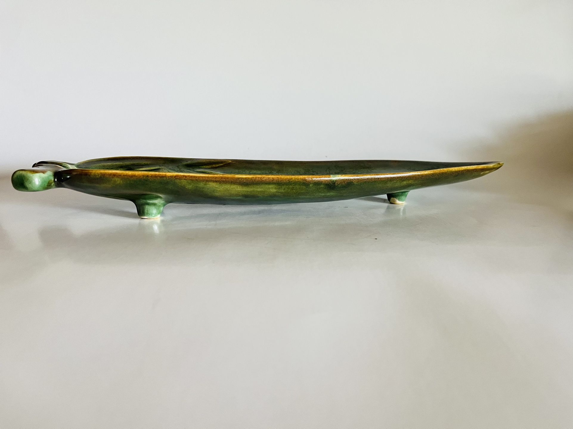 Vintage MCM Footed Green/Brown Ceramic Pottery Drip Glaze Oblong Dish ...