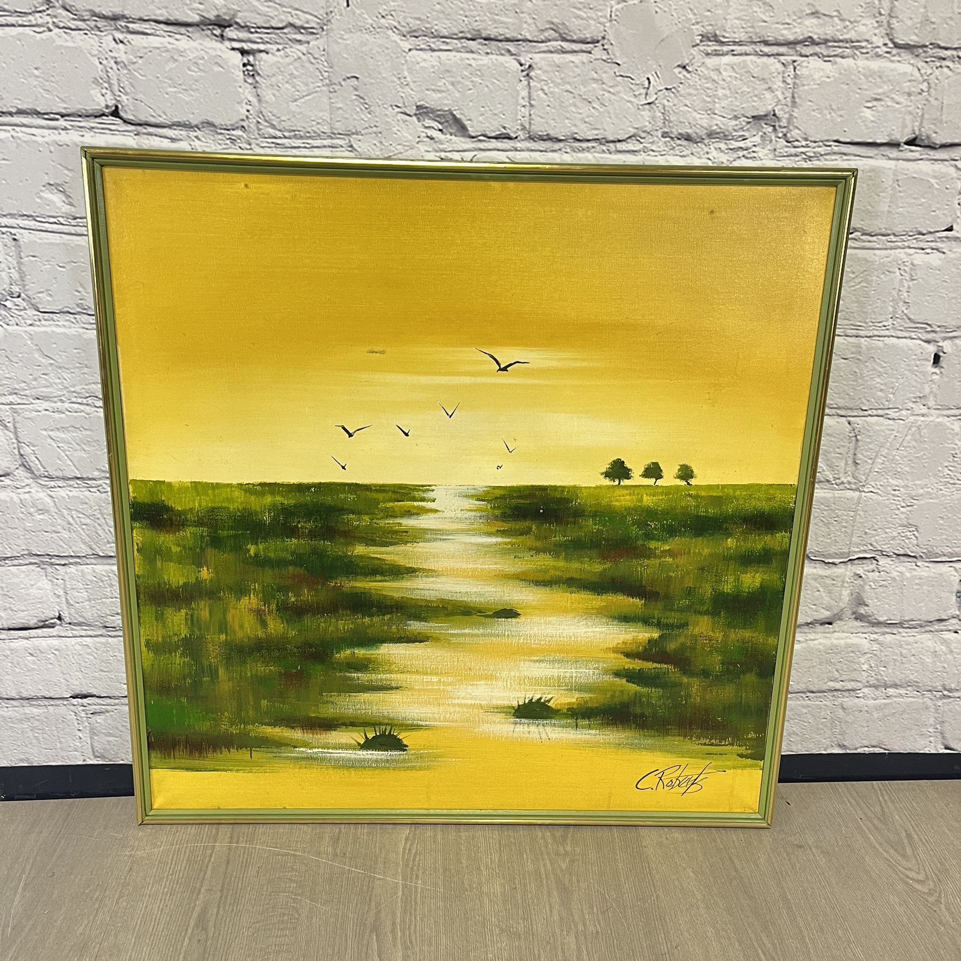MCM Green Yellow Original Painting C. Roberts Sunset Birds Creek Water ...