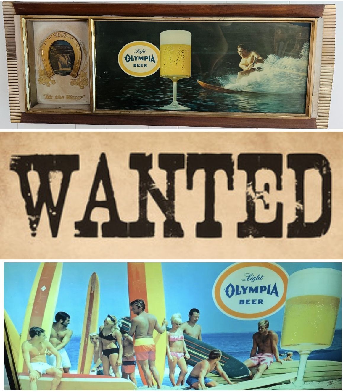 VINTAGE OLYMPIA BEER LIGHT SIGN SURFER SURFBOARD BEACH WATER SKI SKIER ...