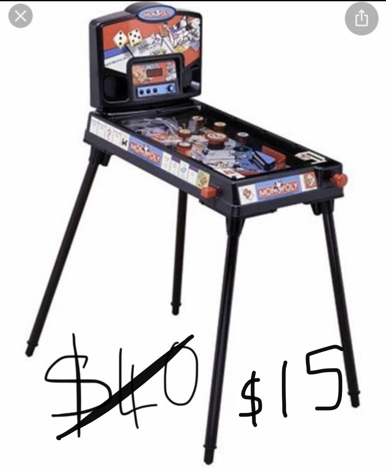 Adult and kids fun. Monopoly pinball machine with legs and power cord ...