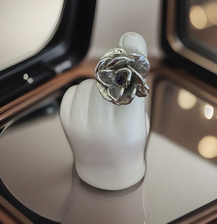 Vintage Beautiful Large 3D 925 Rose Ring Whith Small Amethyst Accent ...