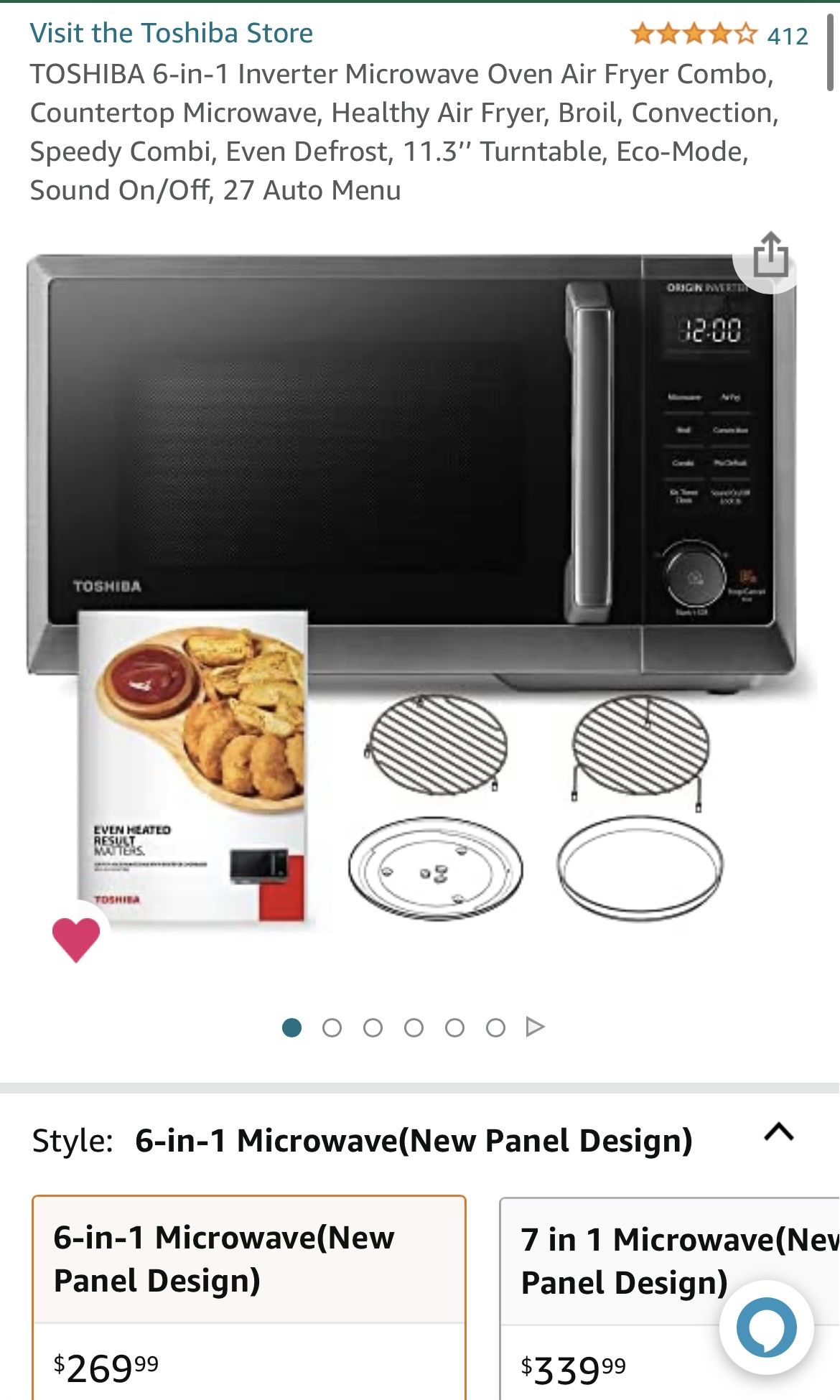 TOSHIBA 6-in-1 Inverter Microwave Oven Air Fryer Combo, Countertop Microwave, Healthy Air Fryer ...