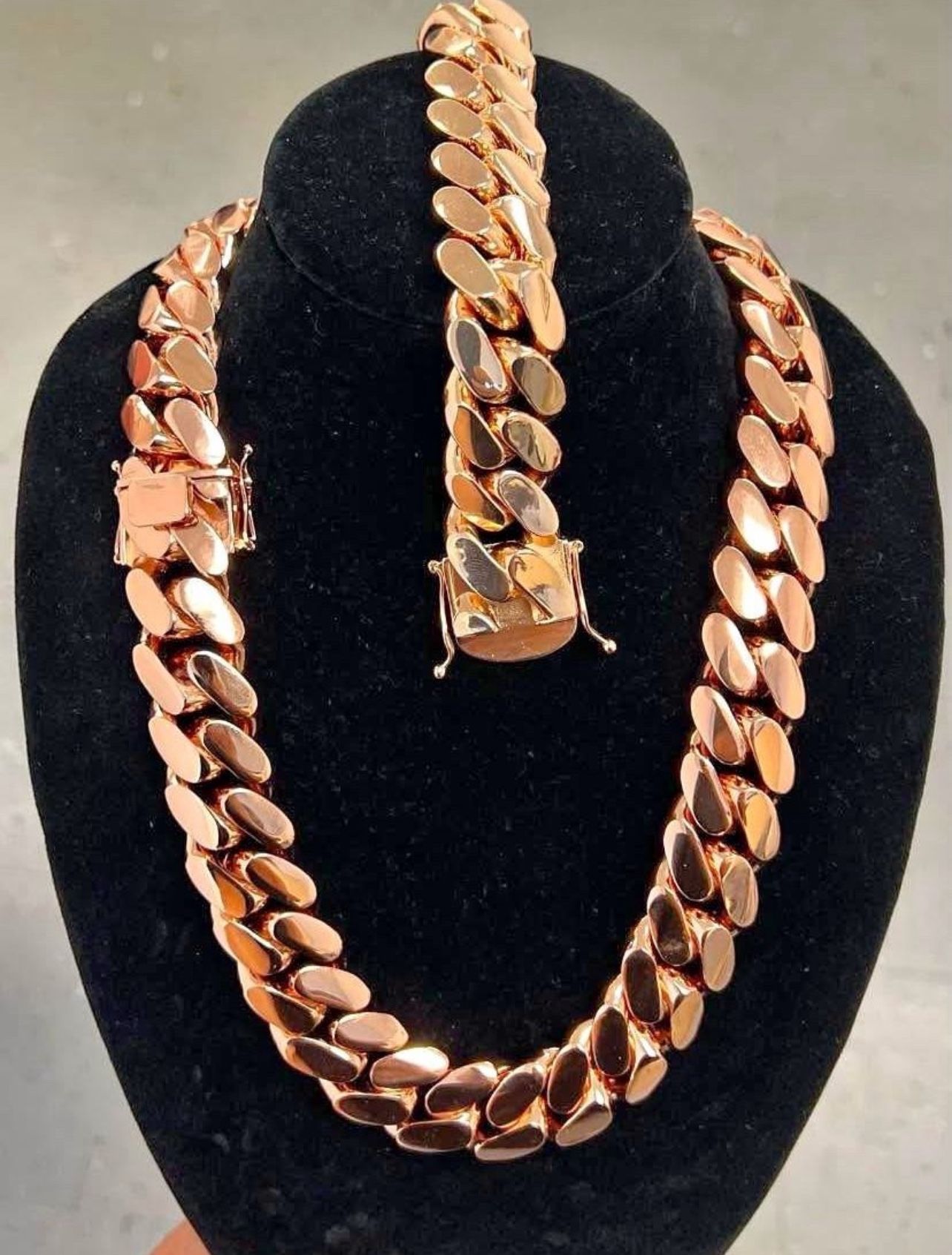 Set Chain & Bracelet 20mm Miami Cuban Link Pink Red Rose Gold Plated ...