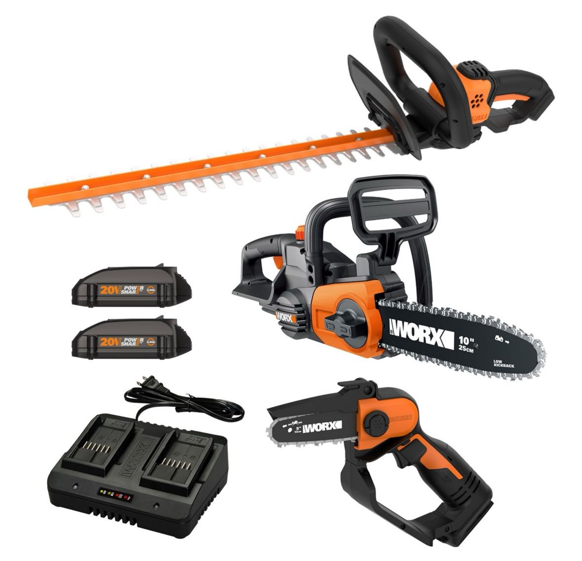 Worx 22” Hedge Trimmer 5” Pruning Saw 10” Cordless Chainsaw Combo Kit ...