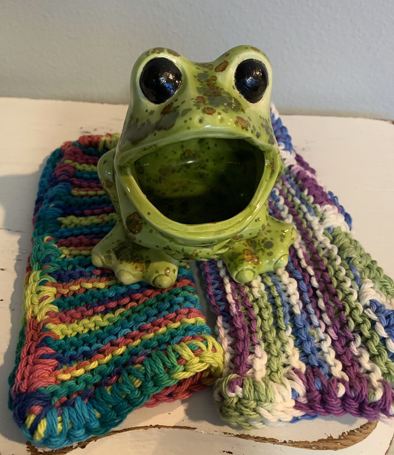 Vintage green drip glaze open mouth ceramic frog scrubby/kitchen wash ...