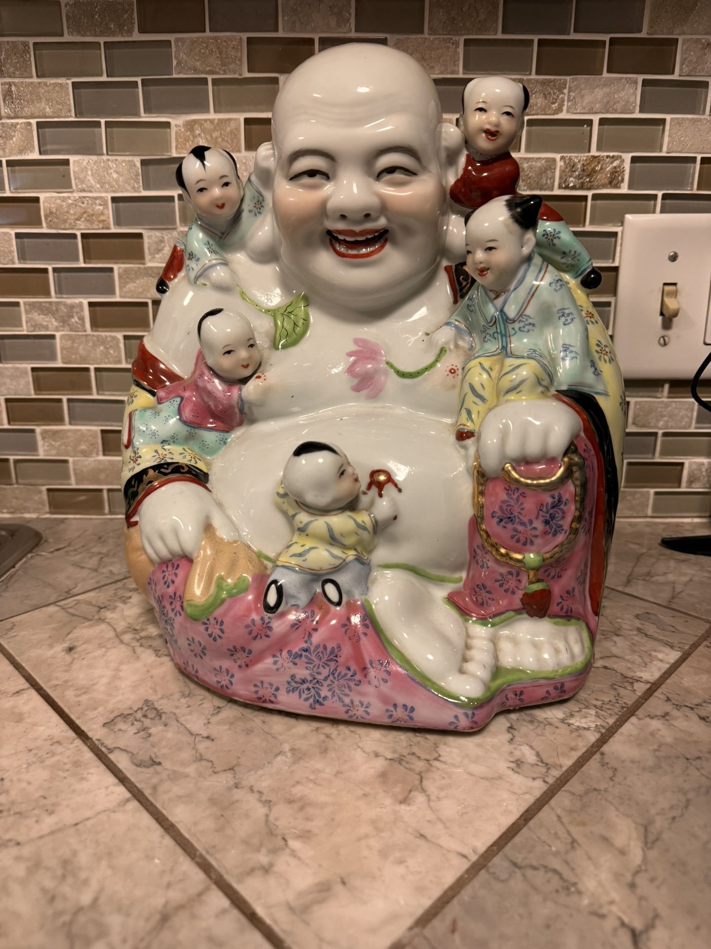 Large Vintage Happy Buddha 12" x11" Family Rose Statues With 5 Children ...