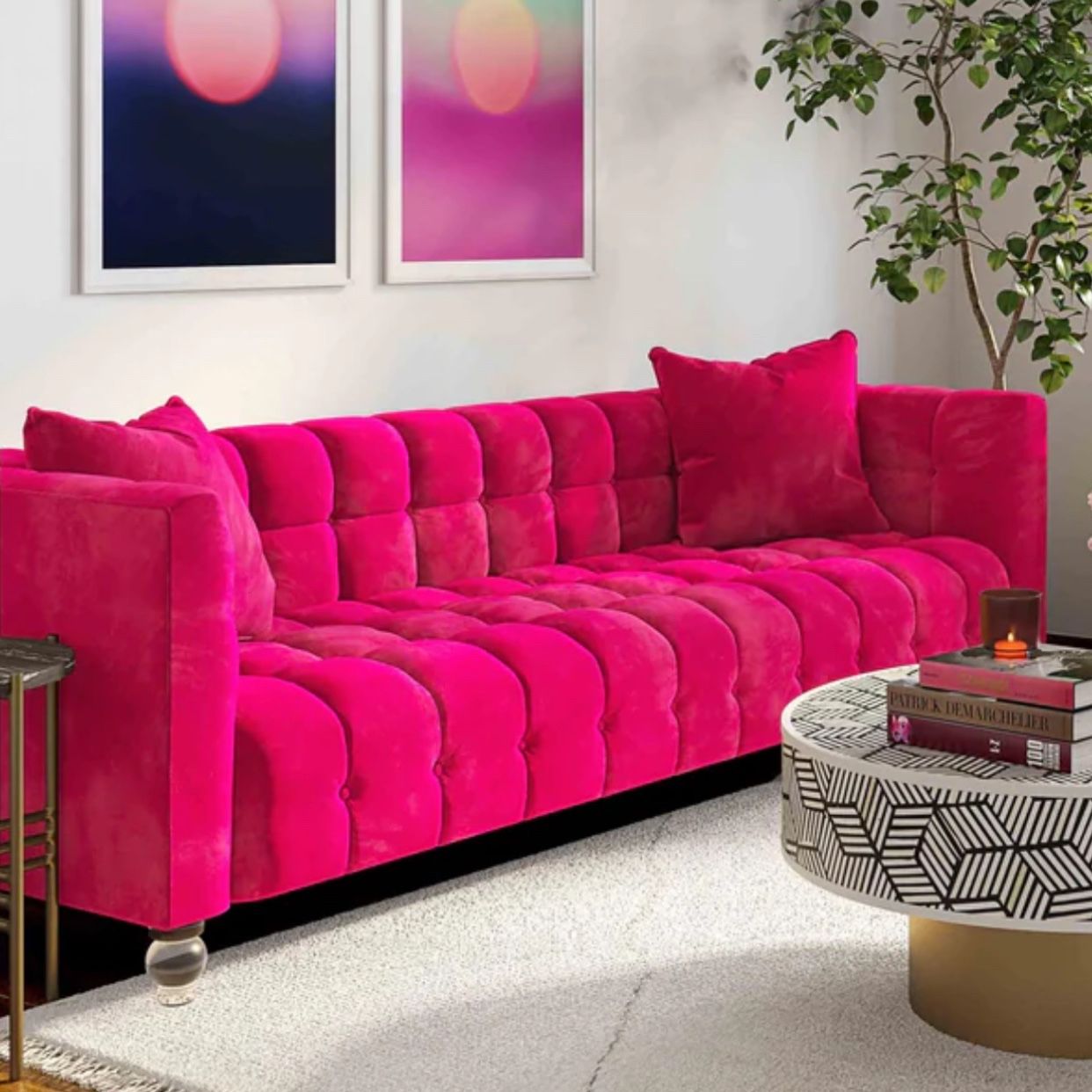 Dark pink velvet couch store