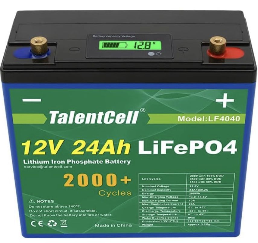 Talentcell 12V 24Ah LiFePO4 Battery Pack LF4040, 12.8V 288Wh Deep Cycle ...