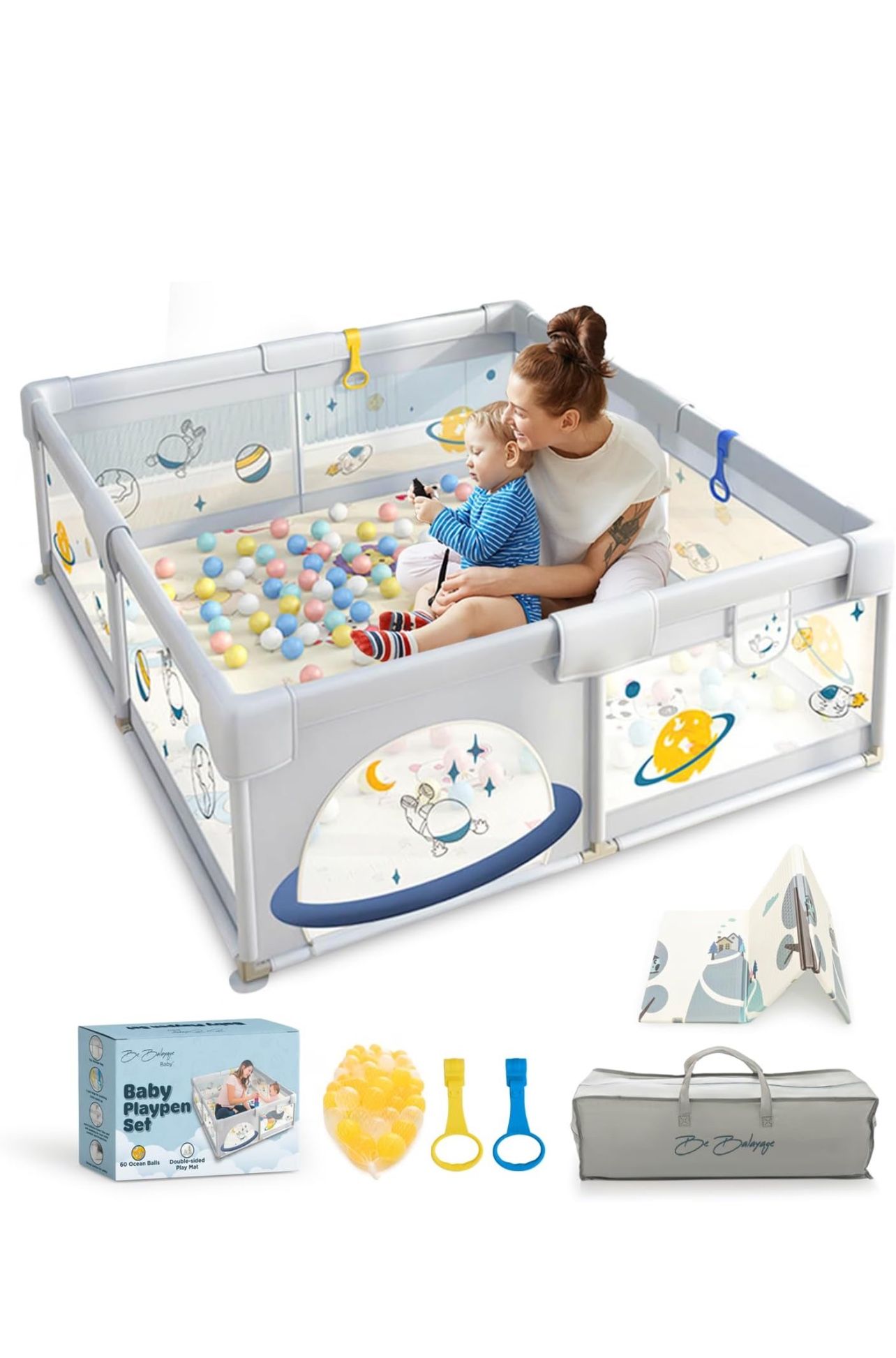 Baby Playpen with Mat, Play Pen Space Themed Play Yard for Baby ...