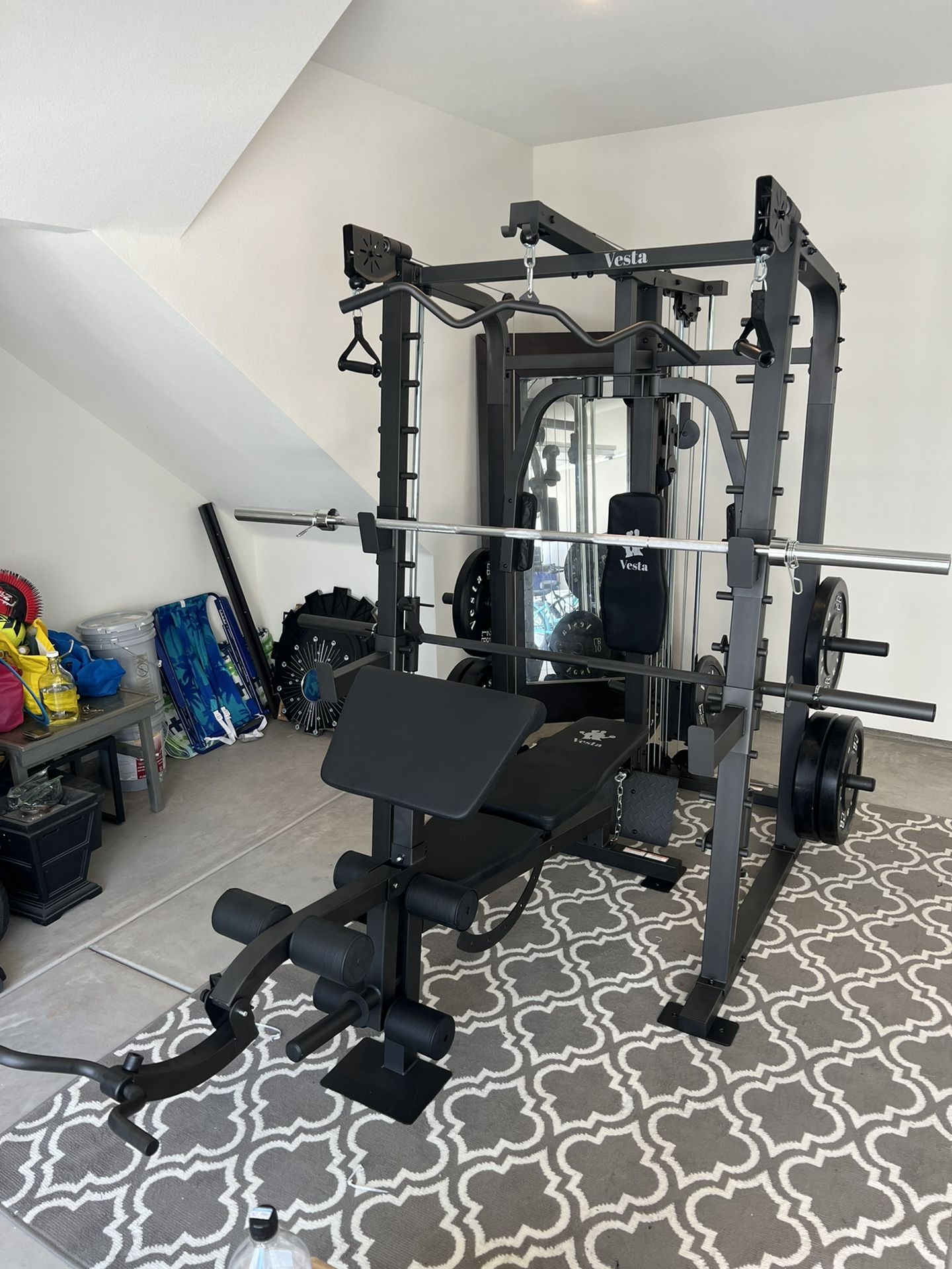 SMITH MACHINE/ PULLEY SYSTEM/ ADJUSTABLE MULTI USE BENCH/ WEIGHTS ...