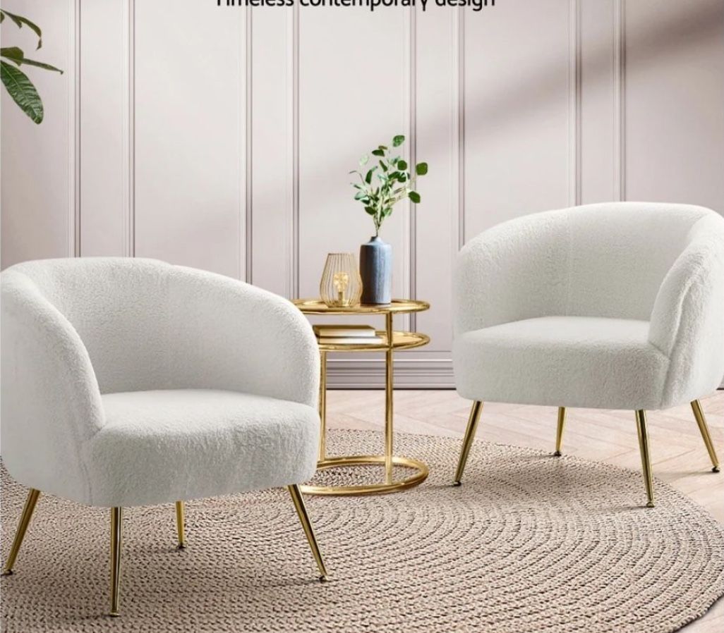 Set Of 2 - Ivory / White Teddy Accent Barrel Chairs w/ Gold Trim [NEW ...