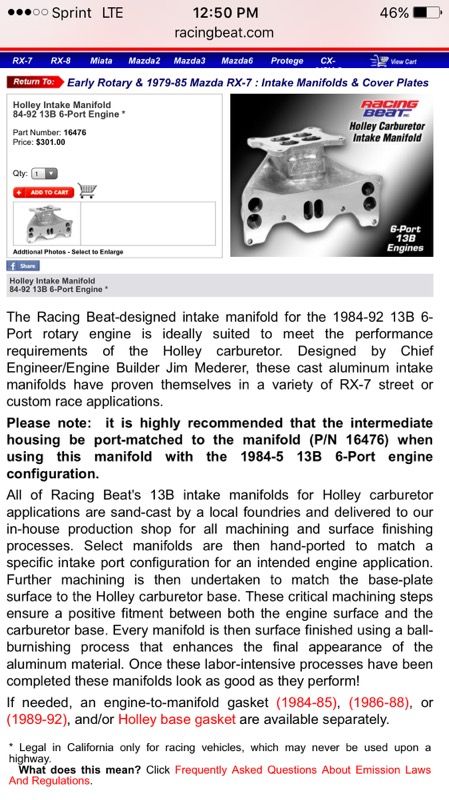 84-92 Mazda Rx7 13b RACING BEAT Intake Manifold & Holley 4bbl Carb for ...
