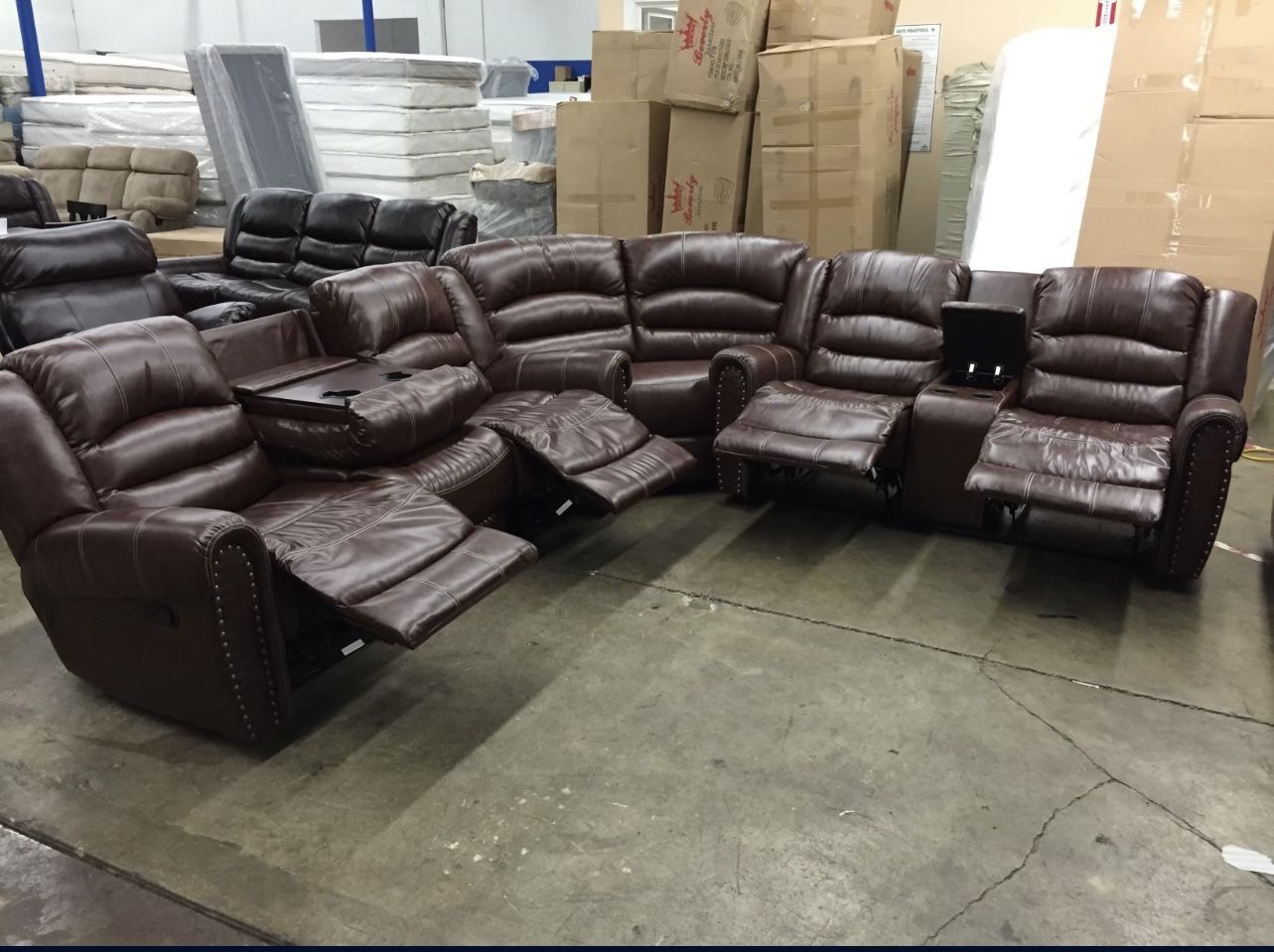 Brown Leather Fully Reclining Wrap Around Sectional Couch for Sale in ...