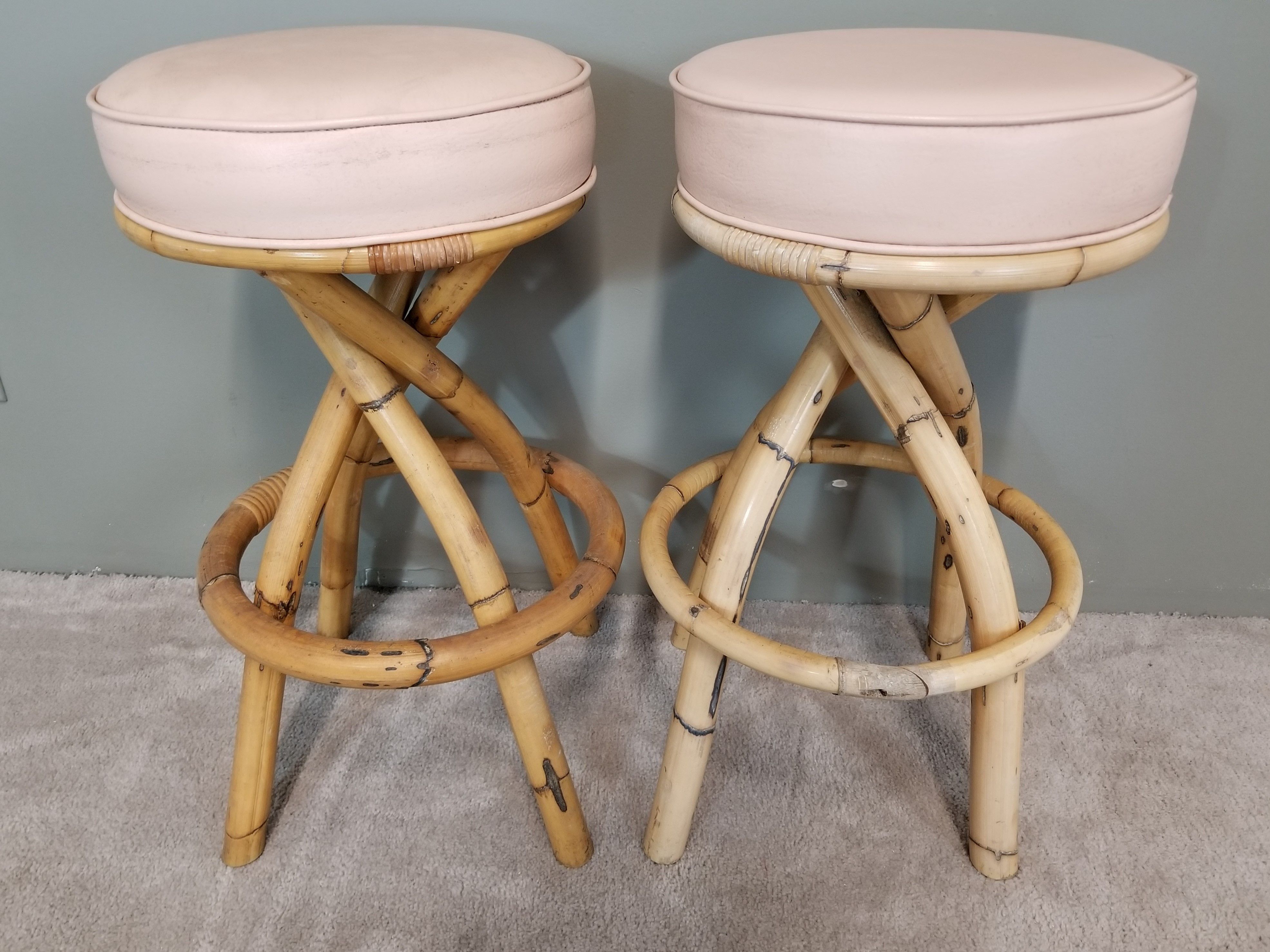 2 Vtg MCM Hollywood Regency Bamboo Bentwood 360 Swivel Counter Bar ...