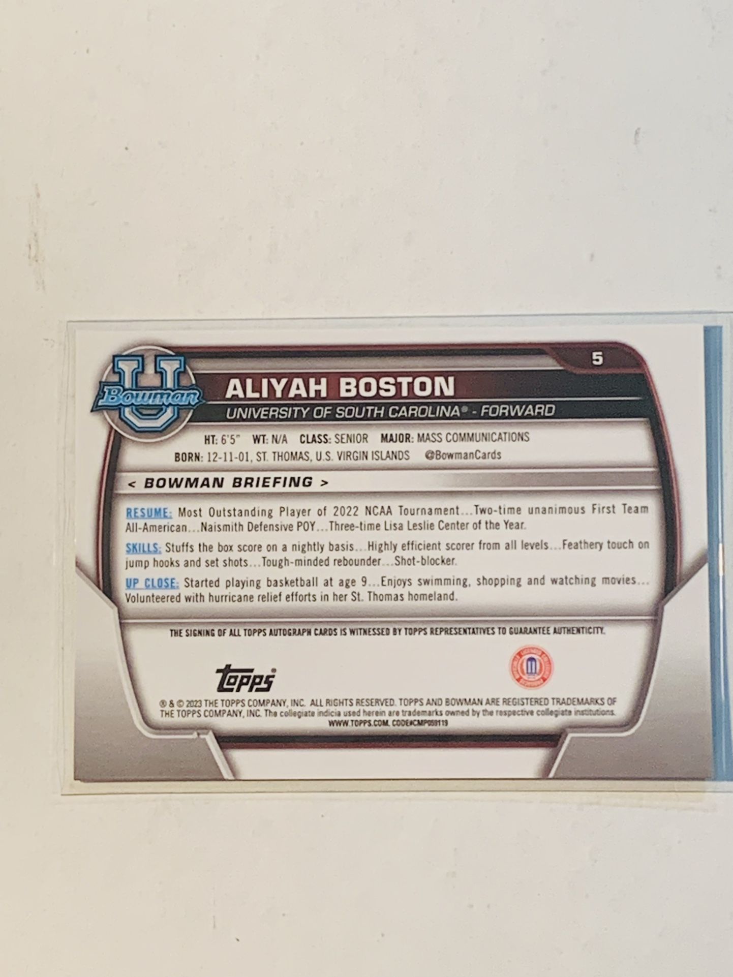 Aliyah Boston NCAA Topps U Autograph Card for Sale in San Antonio, TX ...