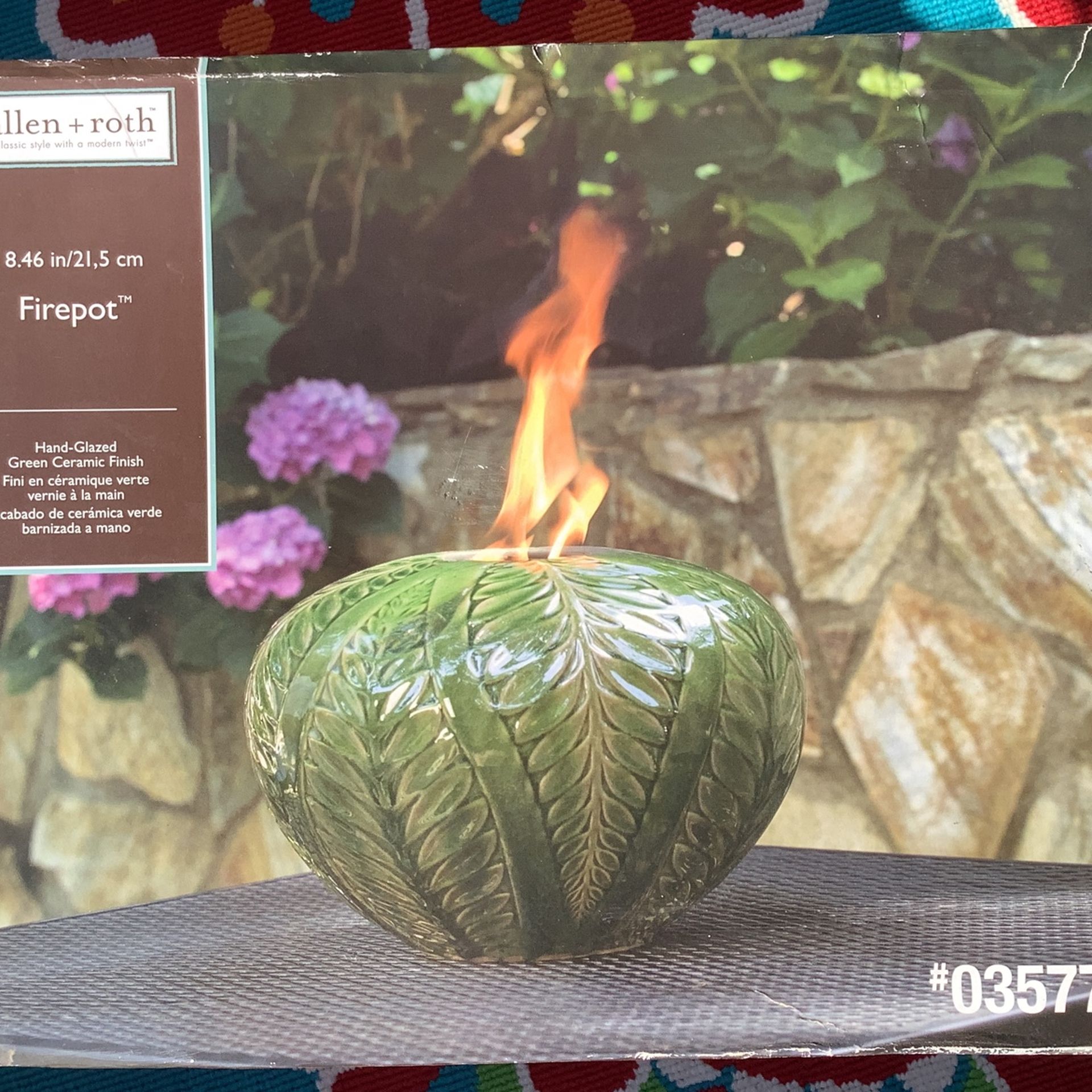 Allen + Roth Glazed Ceramic Green Fern Leaf Firepot 8.75” x 12” New In ...