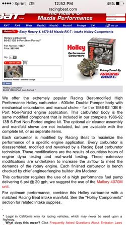 84-92 Mazda Rx7 13b RACING BEAT Intake Manifold & Holley 4bbl Carb for ...