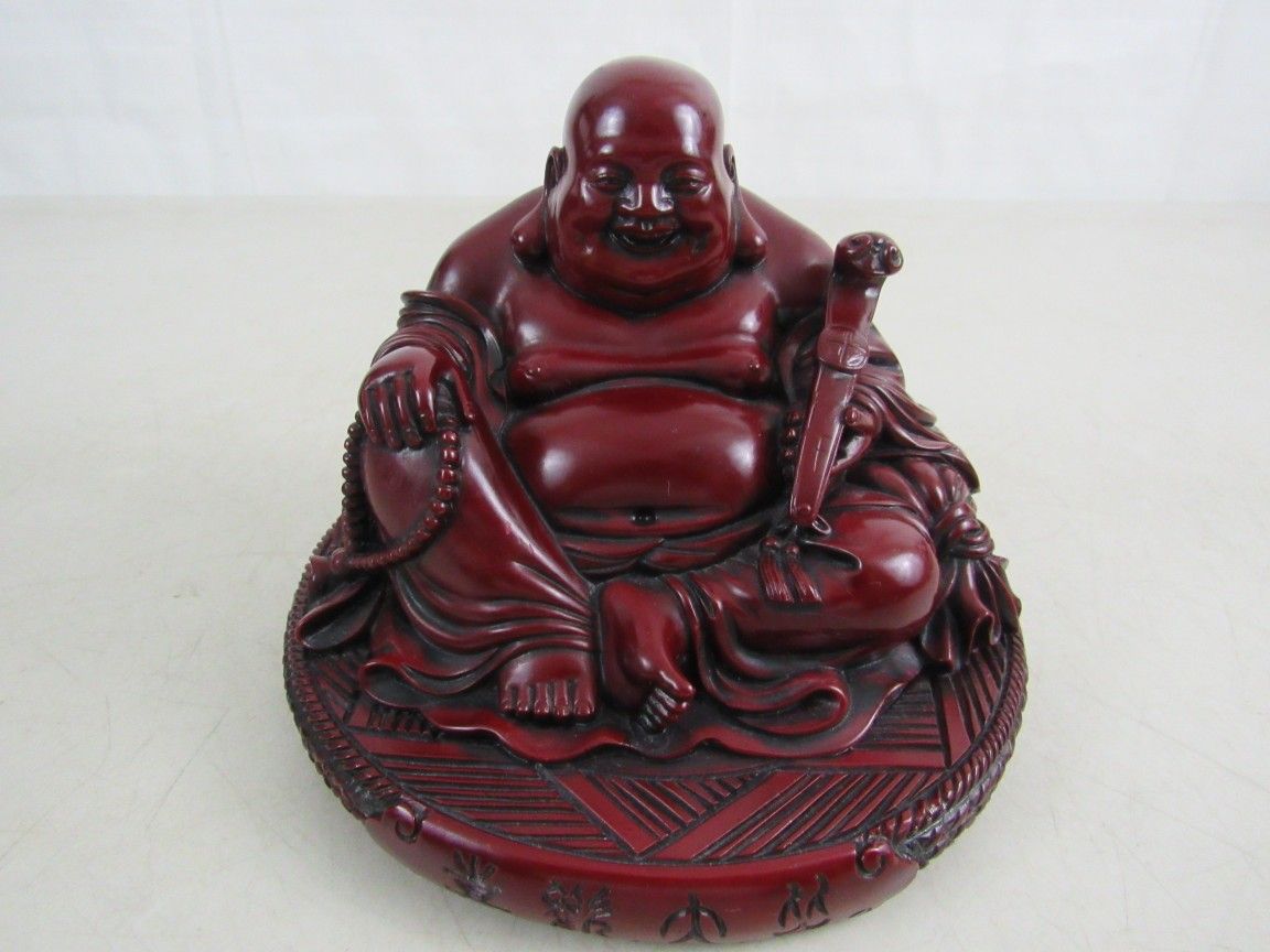 Buddha Sitting Laughing Happy Good Luck Fortune Heavy Red Resin Statue ...