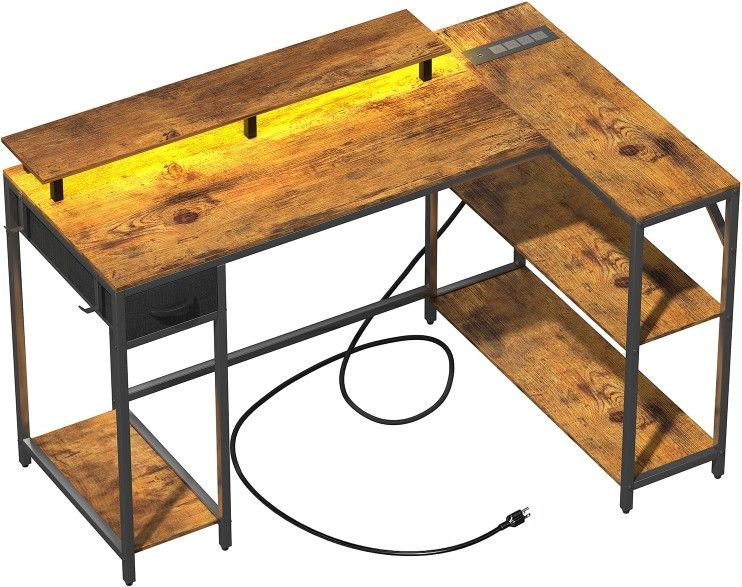 *Brand New* L Shaped Gaming Desk with Power Outlet & LED Light, Rustic ...