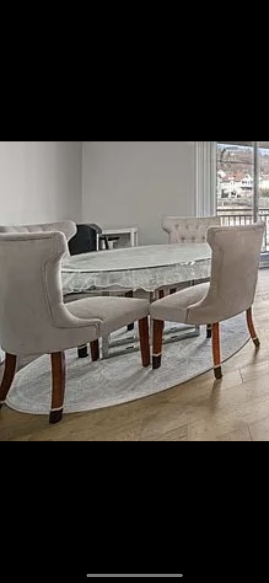 DINING SET - CB2 Glass Silverado 47” Table With Tufted Chairs (Taupe ...