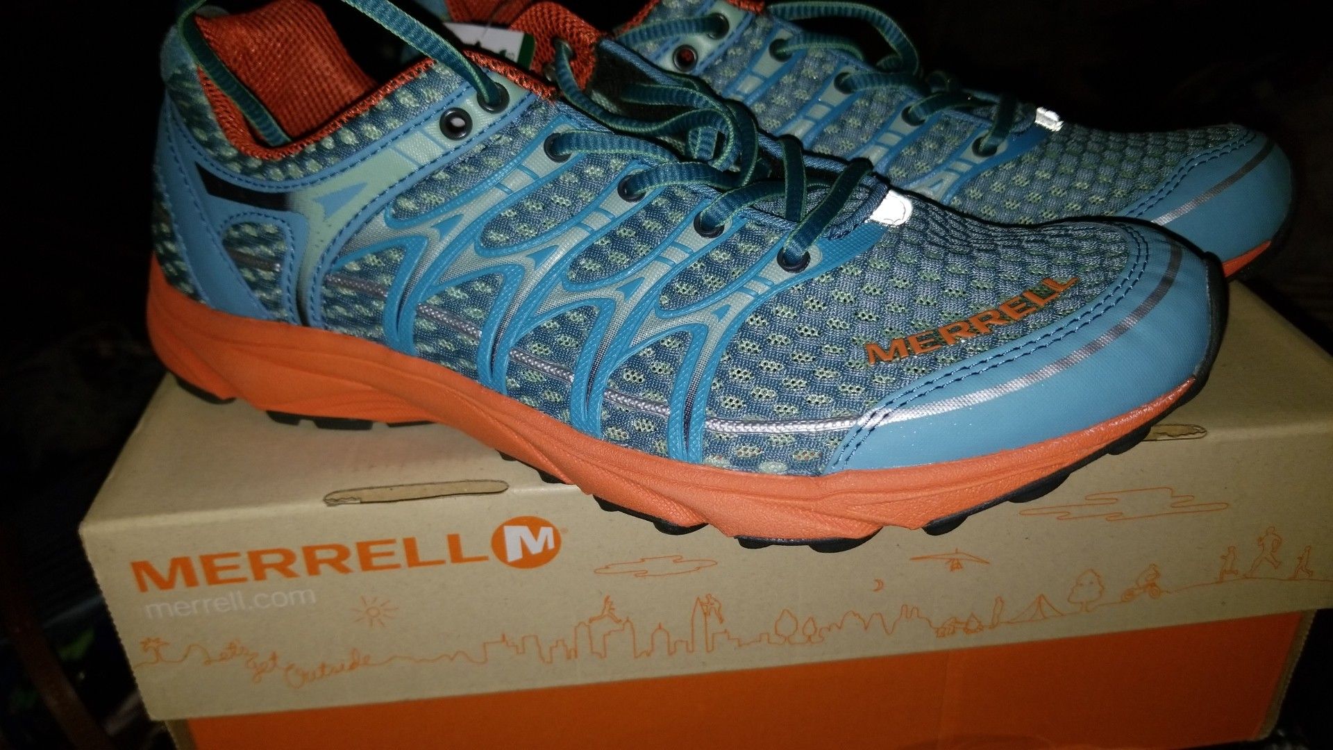 Merrell-Womens 8.5 trail running shoes. Aqua blue w/orange contrast ...
