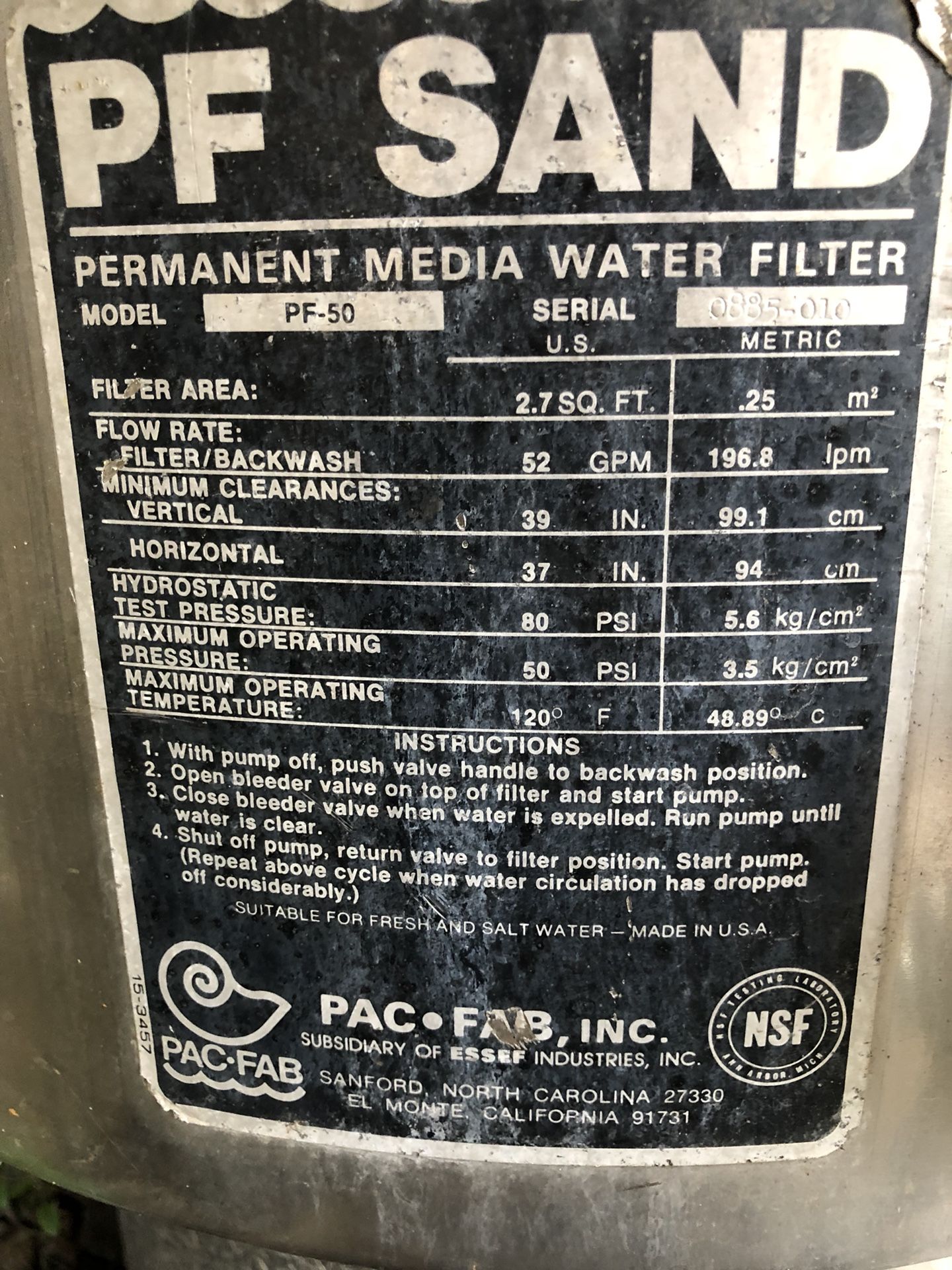 Pac Fab stainless steel SAND Filter PF-50 for pools for Sale in Burr ...