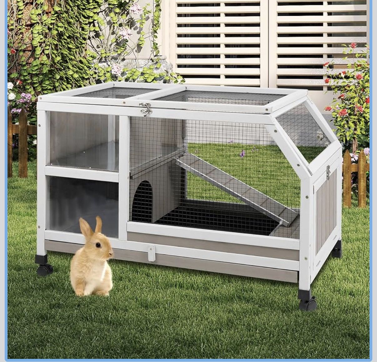 36''L Rabbit Hutch Outdoor with Casters and Run, Wooden Indoor 2 Story ...