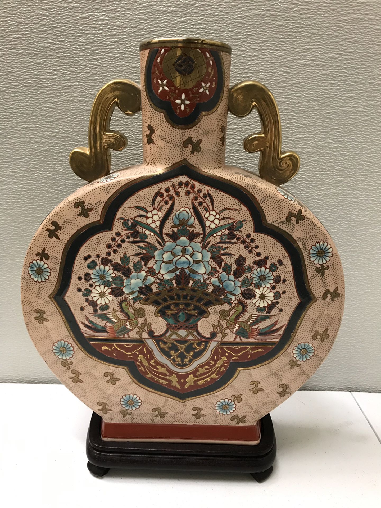 Beautiful Vintage Large Chinese Hand Painted Enameled Gilded Flat Vase ...