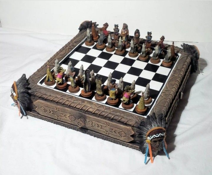 Vintage heavy unique 2 drawer chess set with Native American Indian for ...