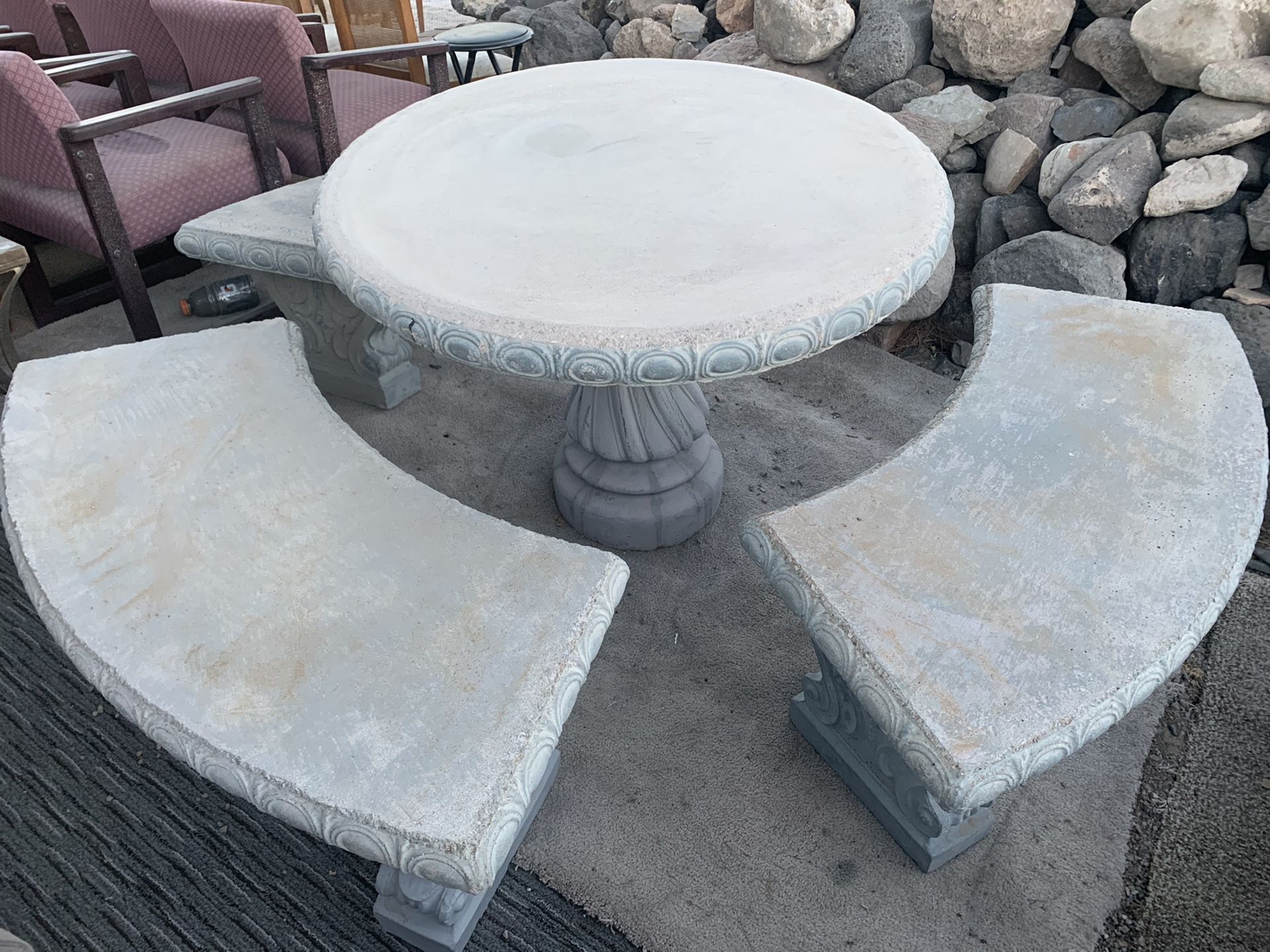 Round Cement Pedestal Patio Table w/ 3 Benches for Sale in Las Vegas ...
