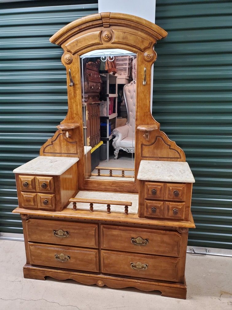 Solid Oak Drop Front Vanity Dresser W/Marble Tops for Sale in Everett ...