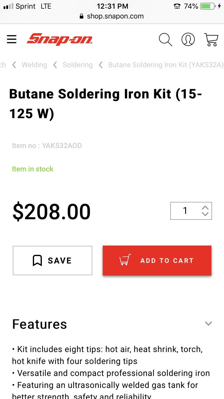 Snap On Butane Soldering Iron Kit (15-125 W) YAKS32A for Sale in ...