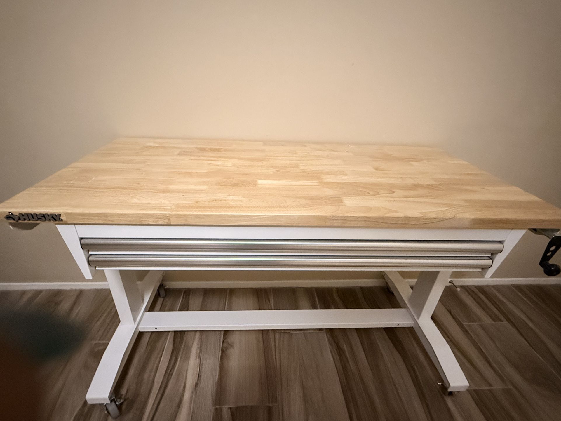 52 in. W x 24 in. D 2-Drawer Adjustable Height White Workbench Table ...