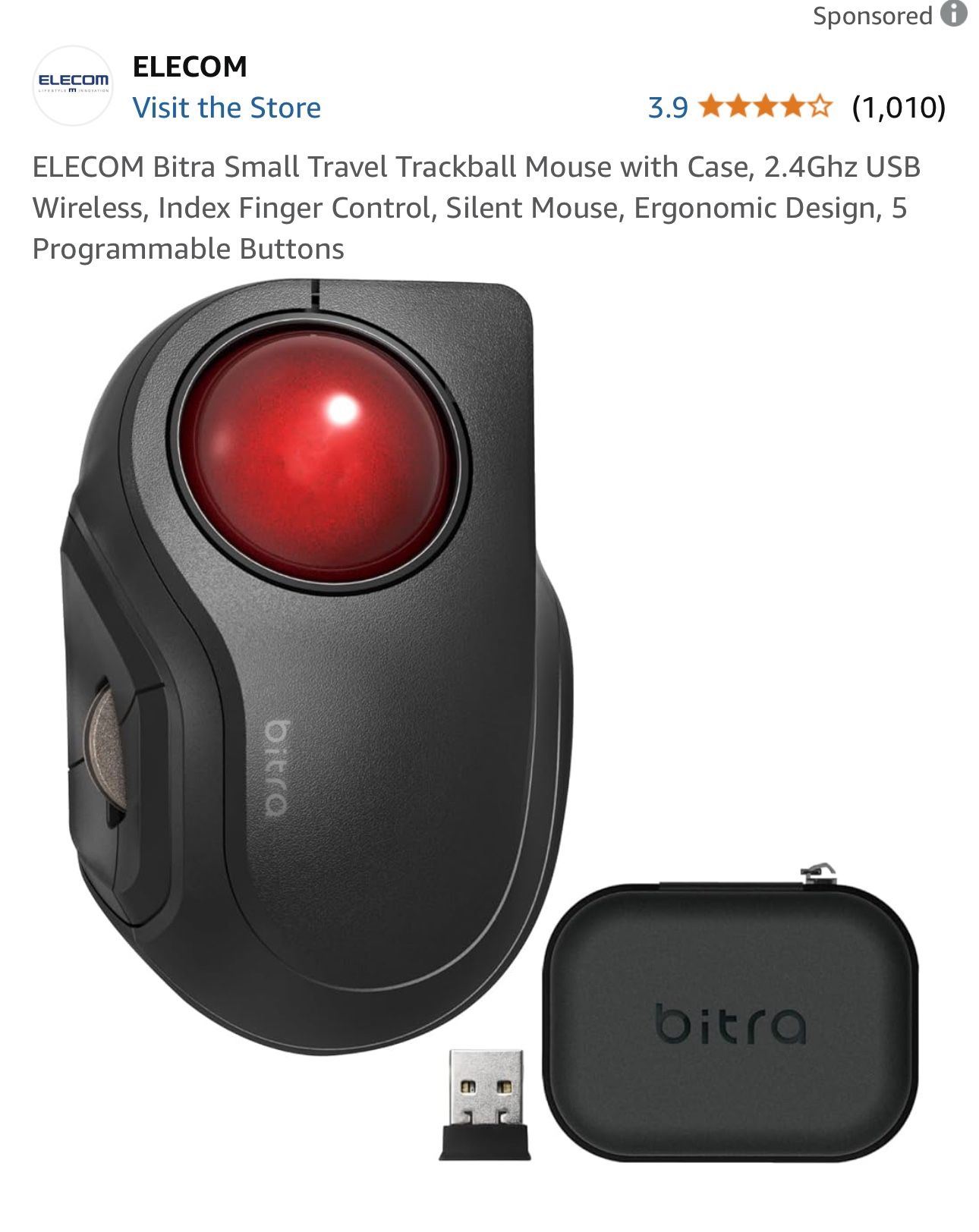 ELECOM Bitra Small Travel Trackball Mouse with Case, 2.4Ghz USB for ...