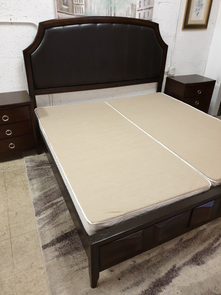 King size bed frame with box spring and 2 night stand solid wood and ...