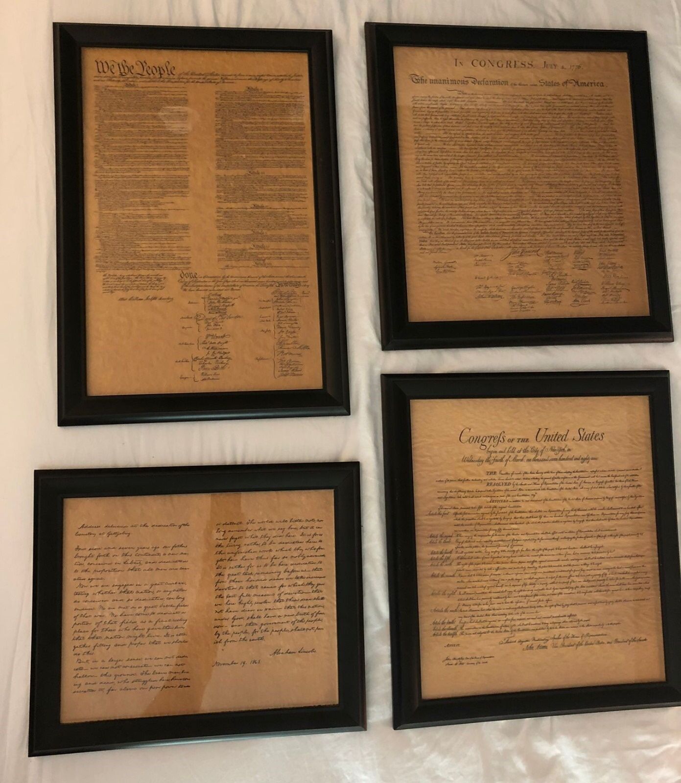 4 UNITED STATES HISTORICAL DOCUMENTS FRAMED PRINT ON ANTIQUE PARCHMENT ...