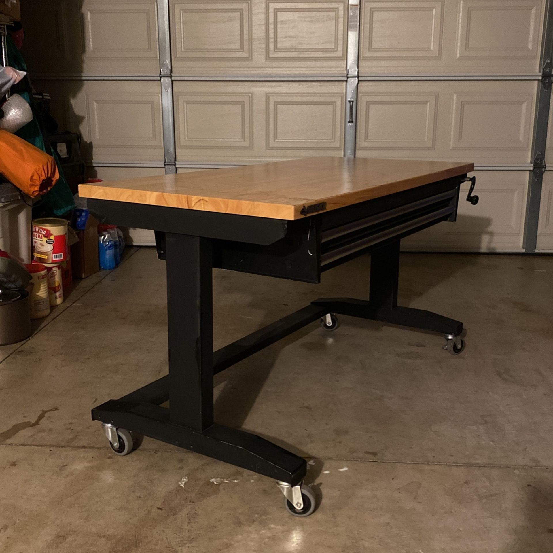 Husky 52” Adjustable Height Rolling Work Bench Table W/ 2 Drawers for ...