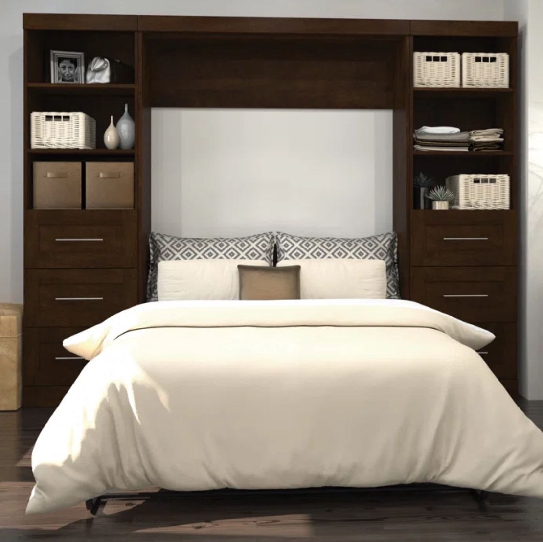 QUEEN Arlex Storage Murphy Platform Space-Saving Wall Bed, 2 Shelving ...